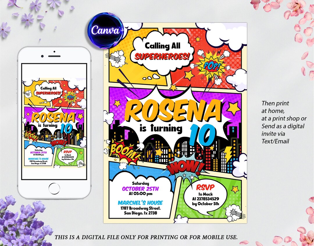 Editable Superhero Birthday Invitation, Comic Book Birthday Invitation ...
