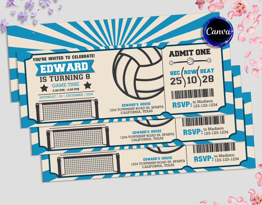 Volleyball Ticket Invitation, Volleyball Birthday Party Invitation ...