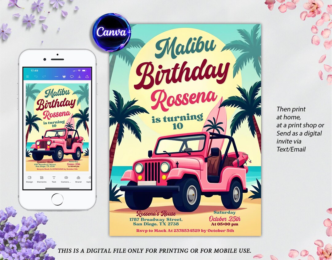 Malibu Birthday Invitation, Tropical Beach Party Invite, Editable Canva ...