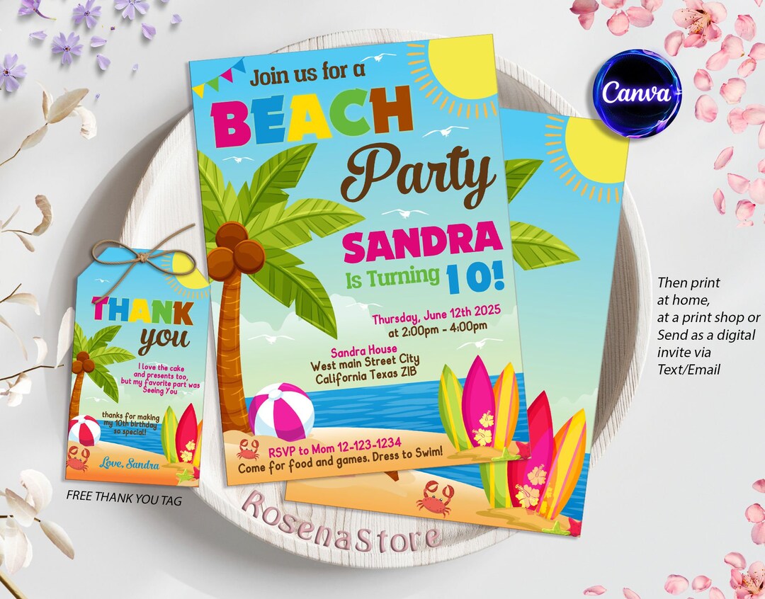 Beach Party Invitations , Beach Theme Party, Pink Beach Birthday Party ...