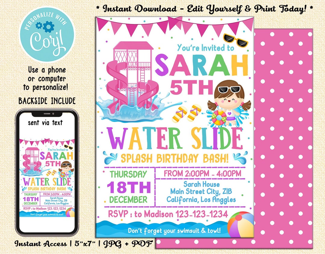 Water Slide Birthday Invitation, Waterslide Birthday Bash Party ...