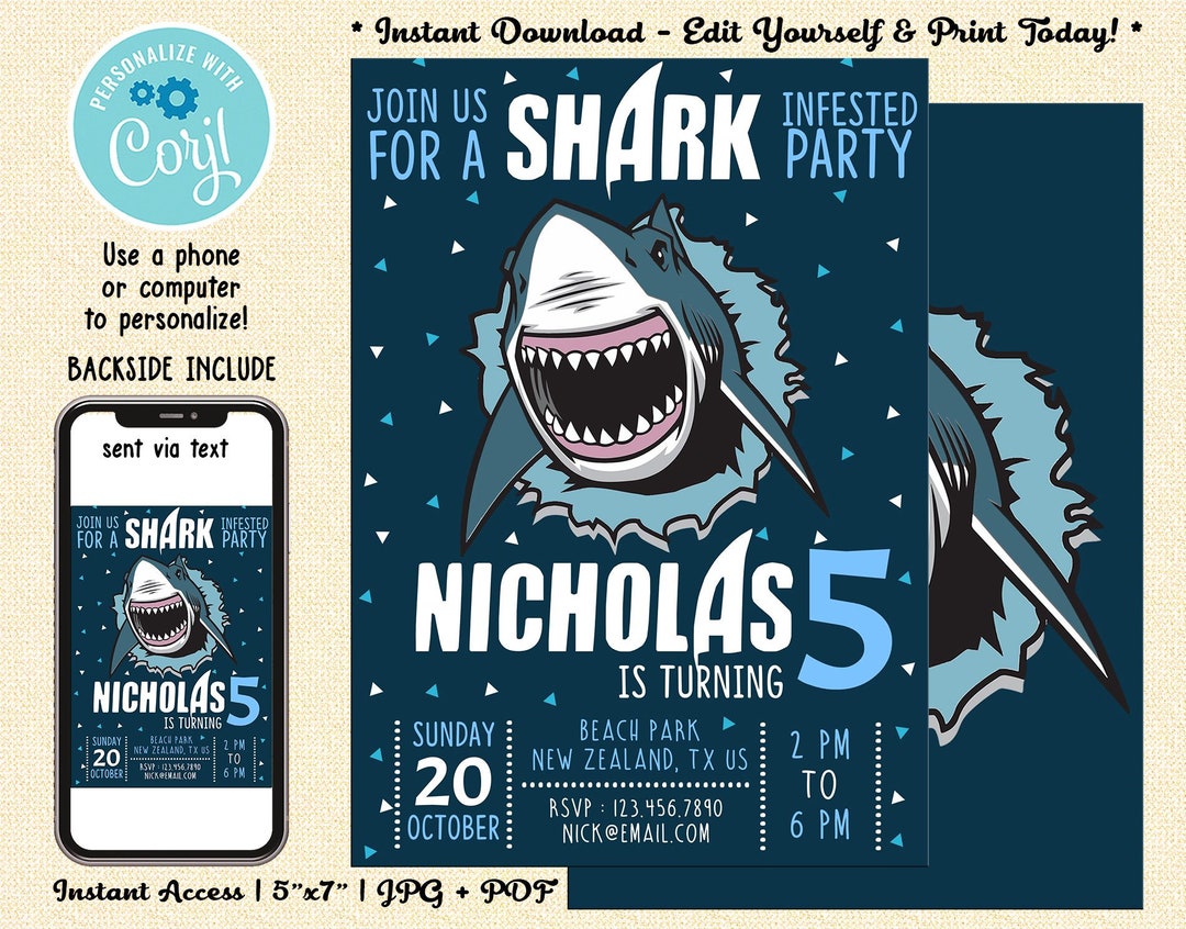 Editable Shark Birthday Invitation, Shark Invites, Shark Party ...