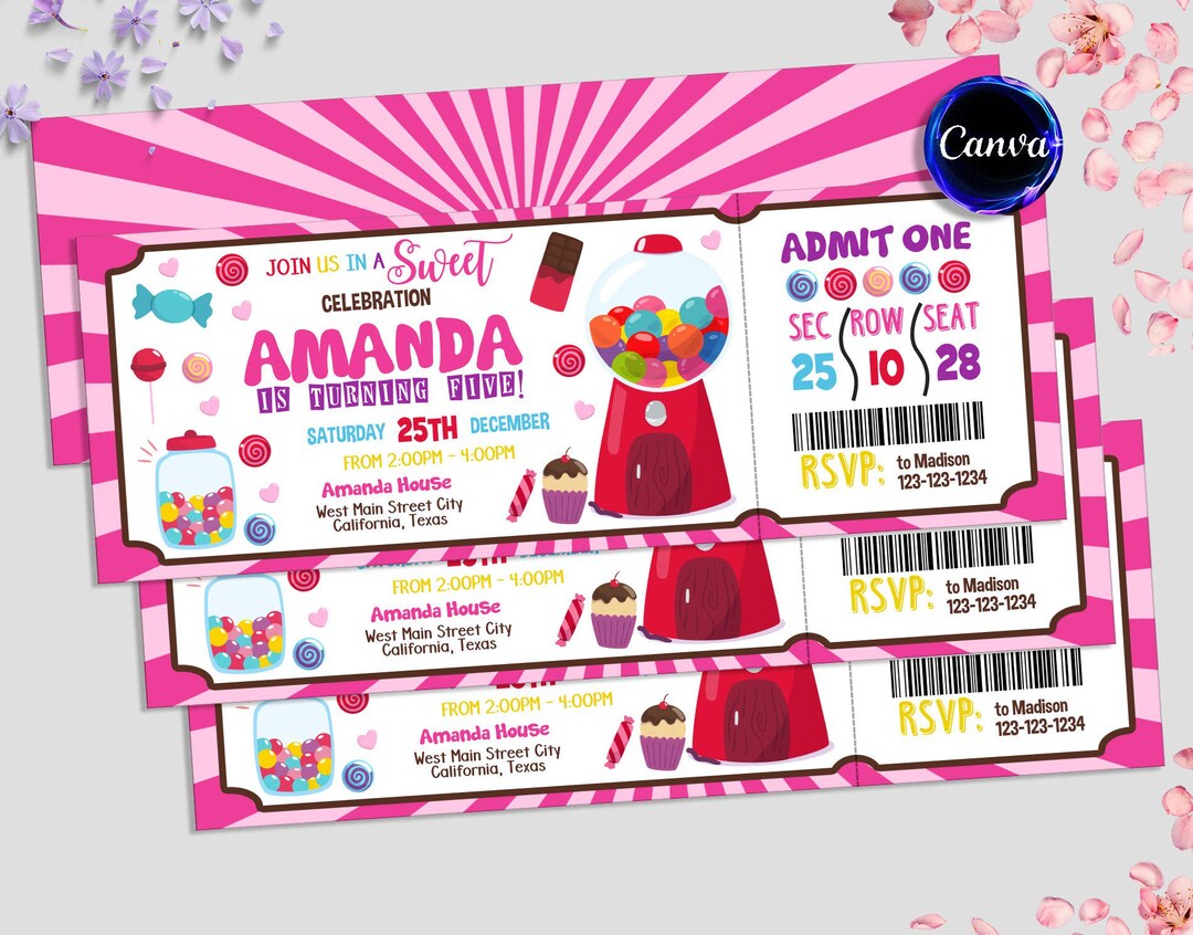 Candy Land Ticket Invitation, Candy Party Invitation, Sweet Celebration ...