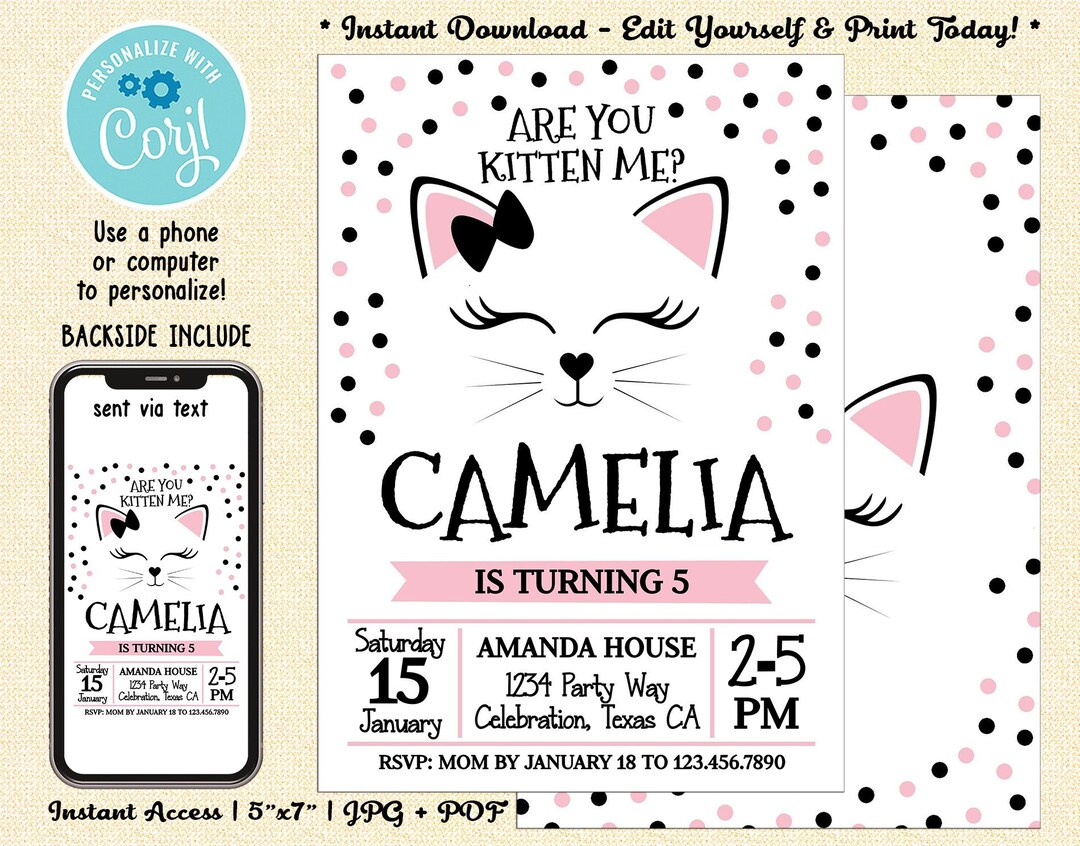 Editable Kitty Cat Invitation, Kitty Cat Birthday Party Invitation, Are ...