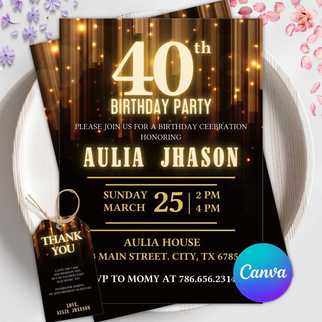 40th Birthday Invitation, Printable Adult Invitation, Black and Gold ...