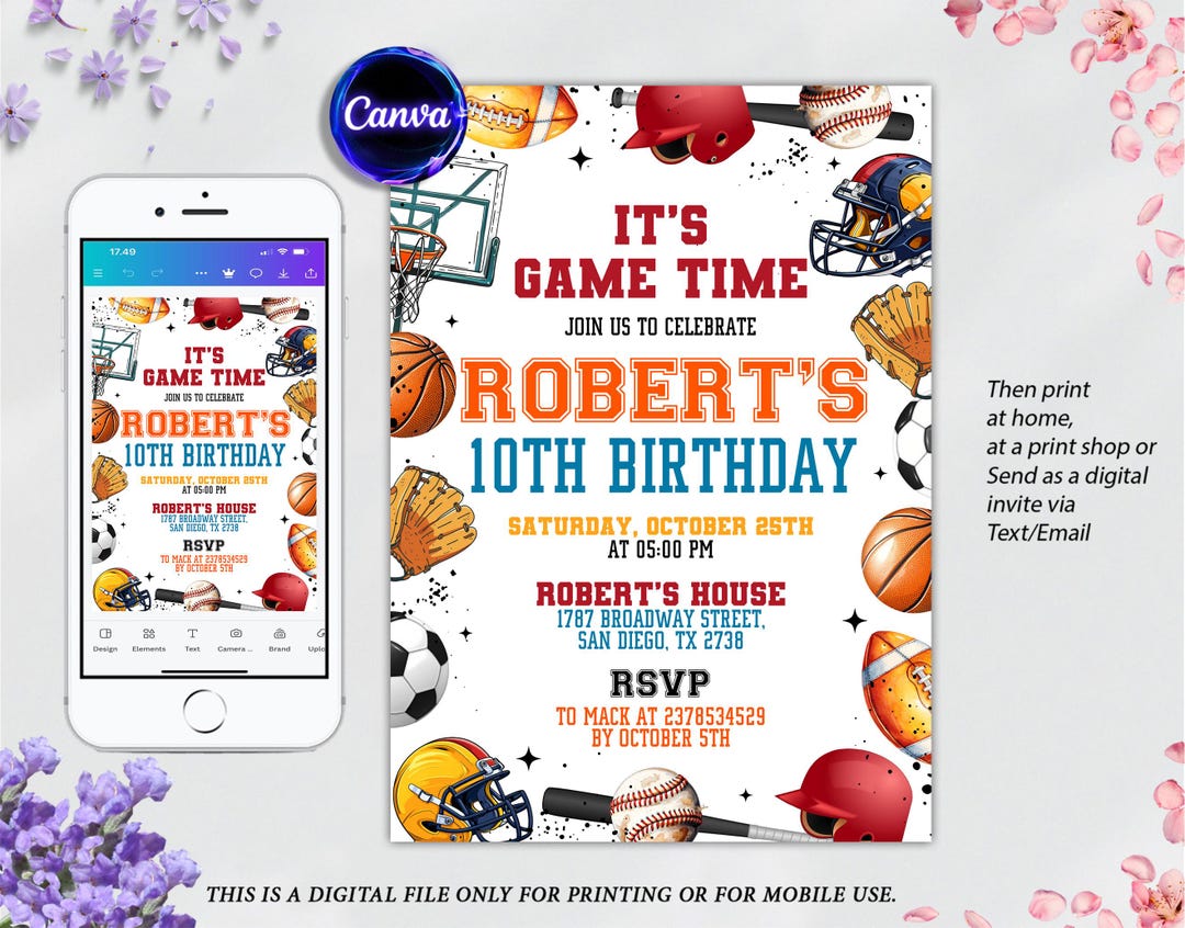 Editable Sports Birthday Invitation, Sports Theme Invitation Template ...