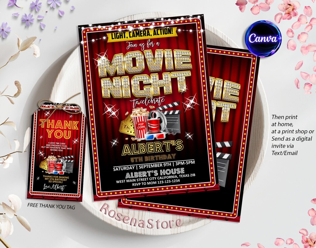 Movie Nights Invitation, Movie Night Party Theme, Movie Night Birthday ...