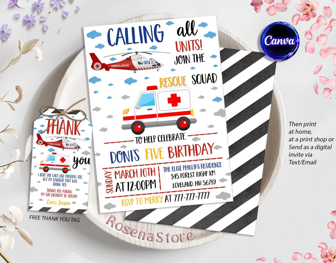 Emergency Vehicles Birthday Invitation, First Responders Theme, Calling ...
