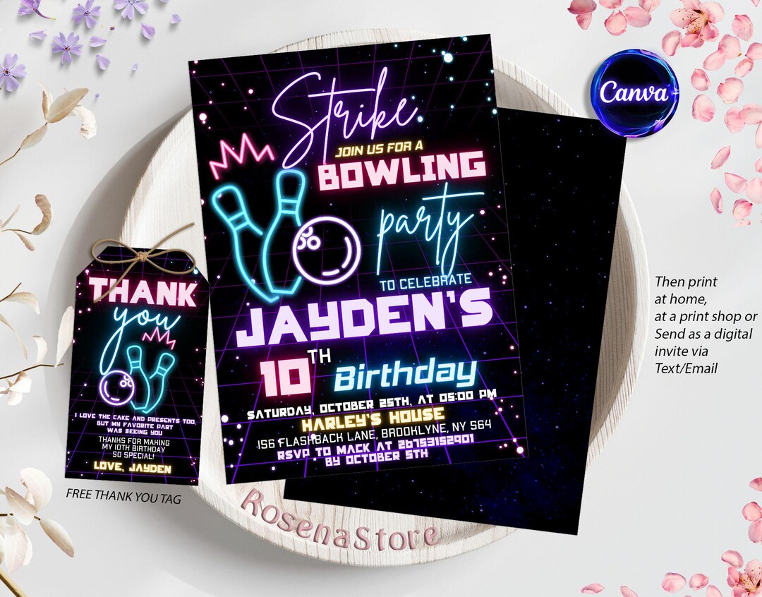 Neon Bowling Birthday Invitation, Glow Bowling Invitation, Neon Glow ...