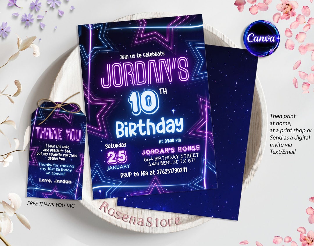 Editable Neon Invitation, Neon Birthday Party Invitation, Neon Glow ...