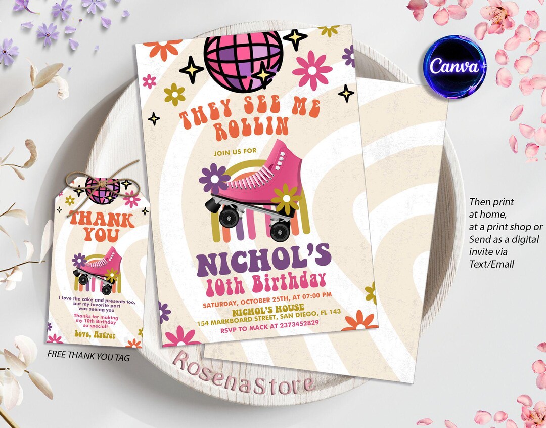 Retro Groovy Roller Skate Birthday Party Invitation, Roller Skating ...