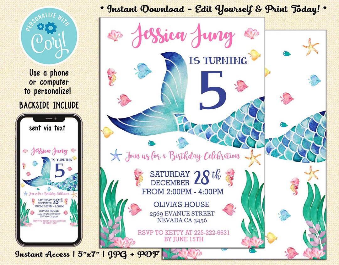 Editable Mermaid Invitation Mermaid Birthday Invitation - Etsy