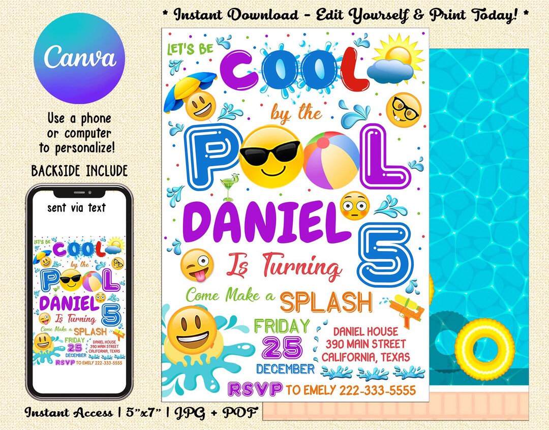 Emoji Pool Party Invitation Pool Party Birthday Invitation - Etsy