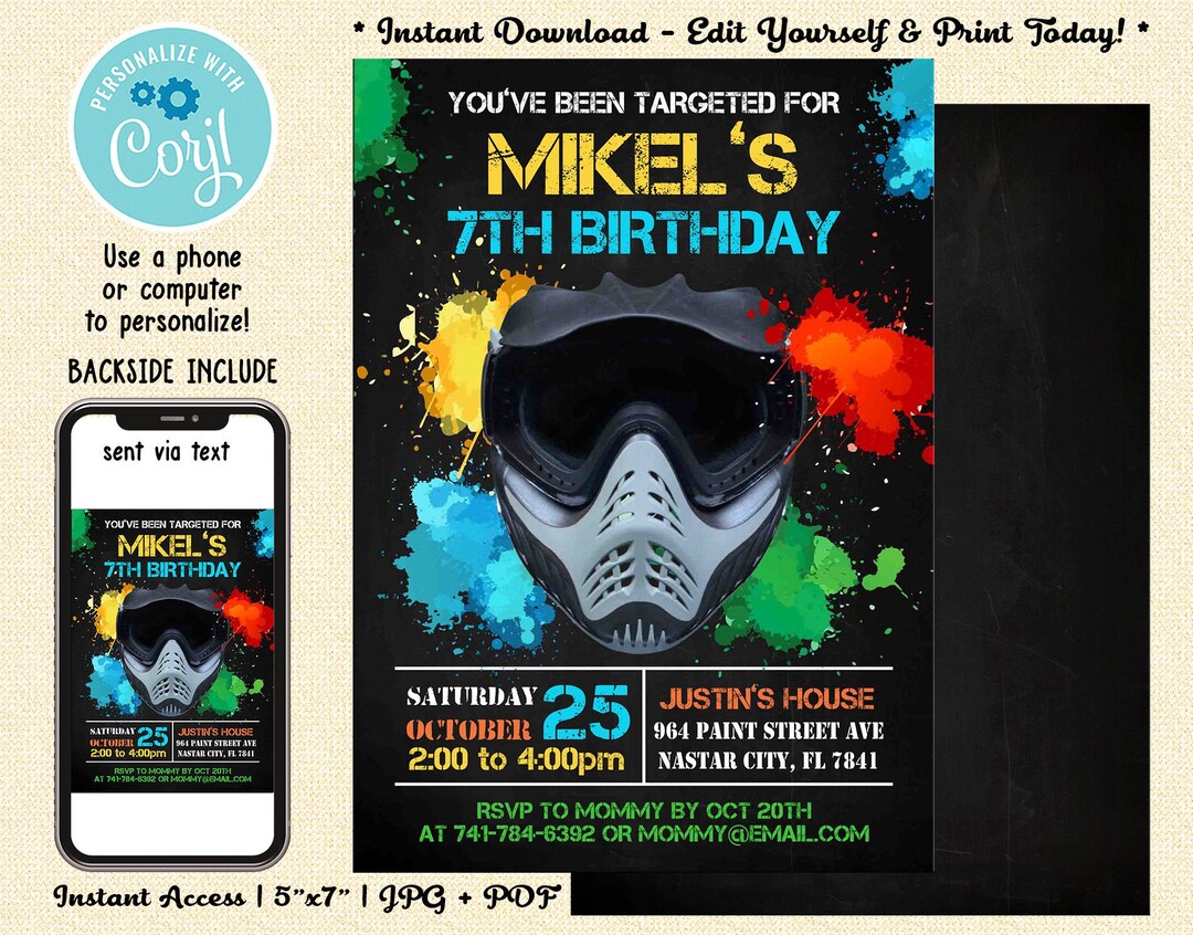 Editable Paintball Birthday Invitation, Pait Ball Invitation, Paintball ...