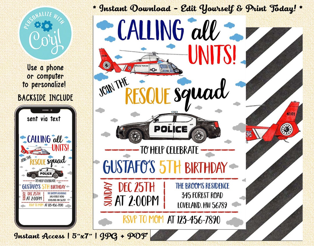 Emergency Vehicles Birthday Invitation, First Responders Theme, Calling ...