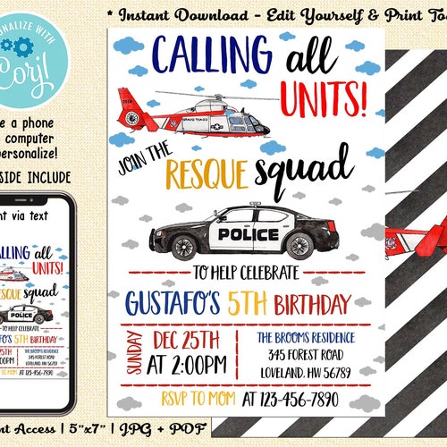 Emergency Vehicles Birthday Invitation First Responders - Etsy