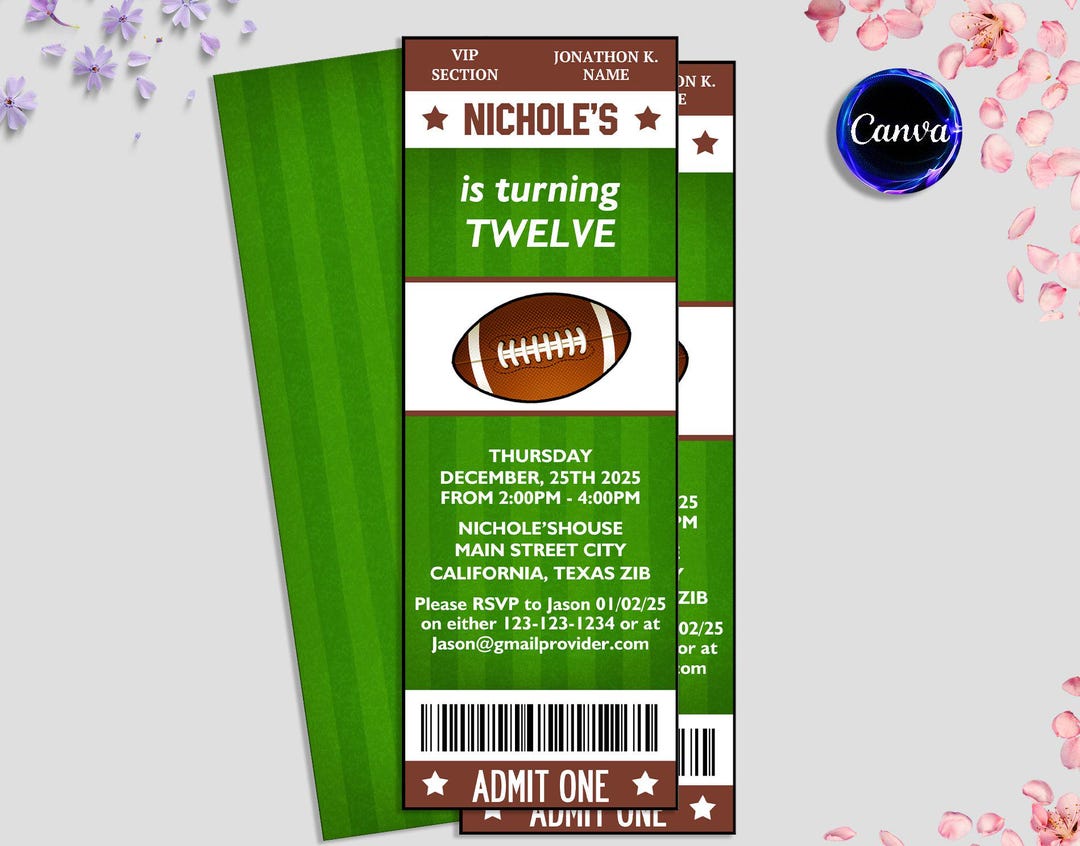 Editable Football Ticket Invitation, American Football Birthday ...
