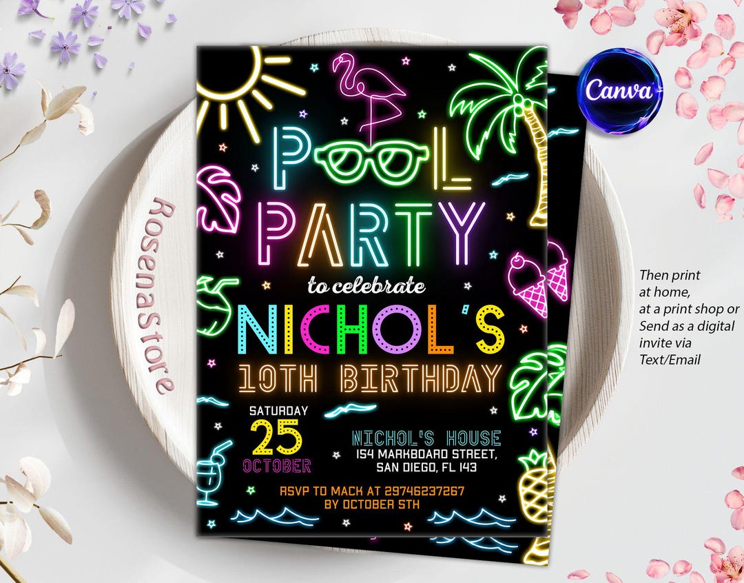 Neon Pool Birthday Invitation, Glow Pool Party Invite, Summer ...