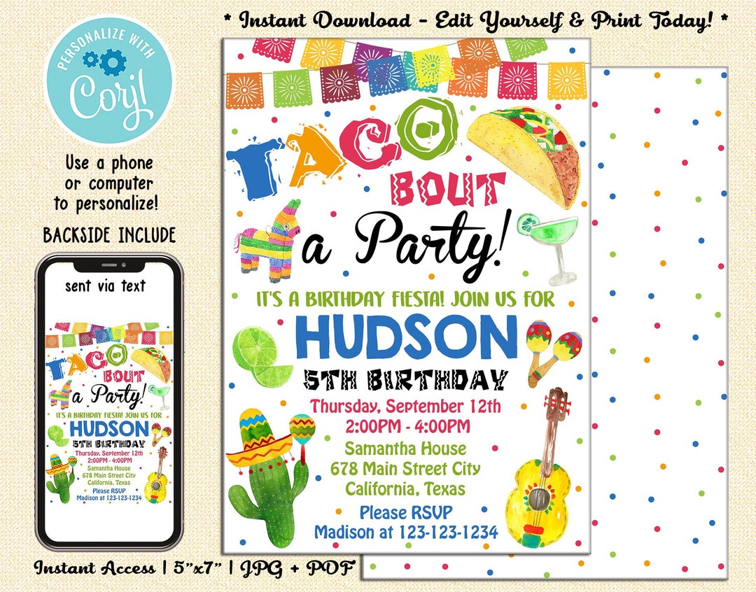 Editable Taco Birthday Invitation Taco Invitation Fiesta - Etsy