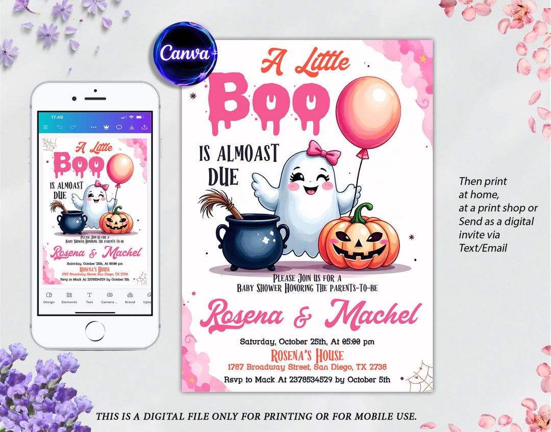Editable A Little Boo Baby Shower Invitation, Pink Ghost Halloween Baby ...