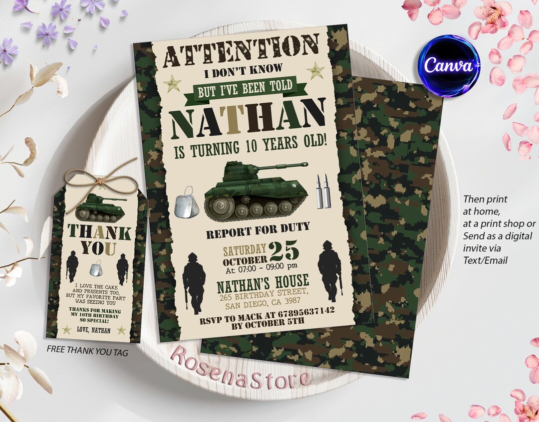Army Birthday Invitation Template, Army Party Invitation, Soldier ...
