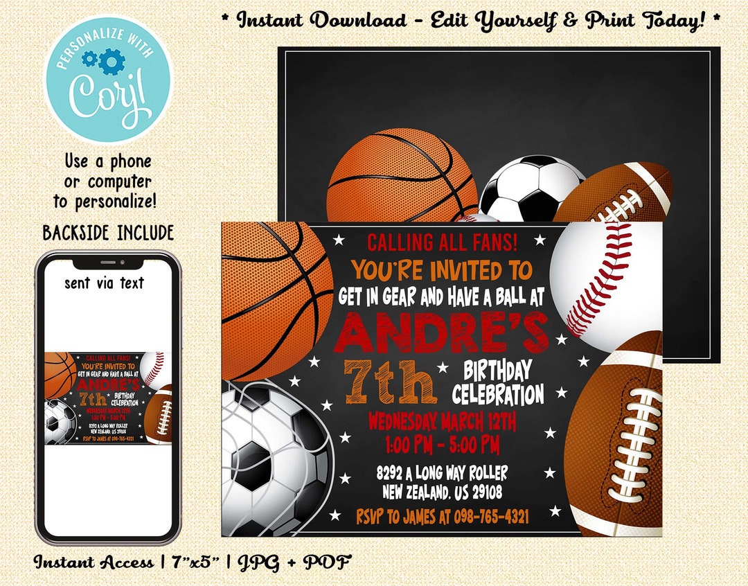 Sports Birthday Invitation, Sports Invitation, Sports Party Invite, All ...