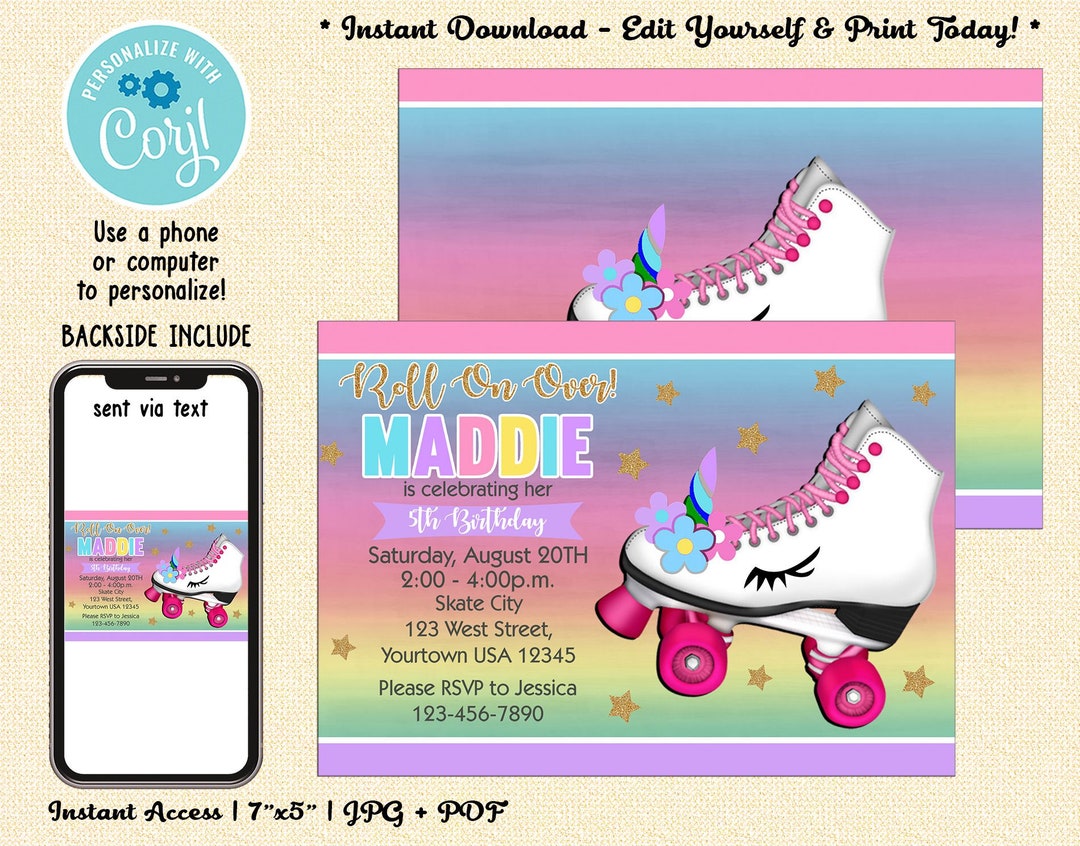 Editable Roller Skate Birthday Invitation, Roller Skate Party ...