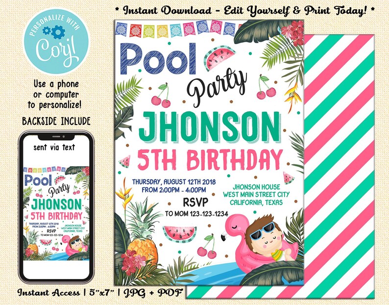 Pool Party Invitation Tropical Pool Party Birthday - Etsy