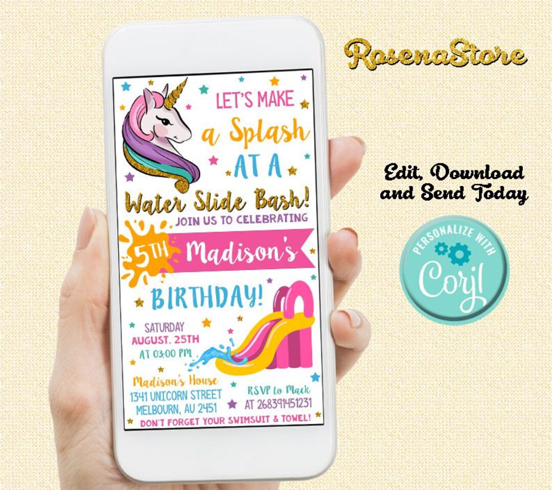 Unicorn Water Slide Invitation, Unicorn Slip & Slide Invitation, Instnt ...