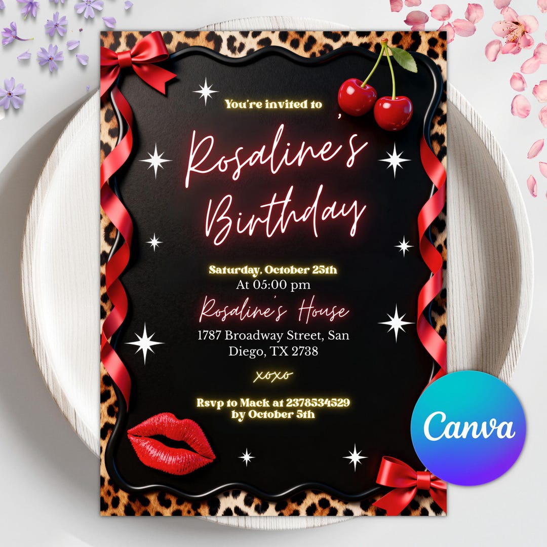 Cheetah Cherries Birthday Invitation, Glam Girls Night Out, Neon Pink ...