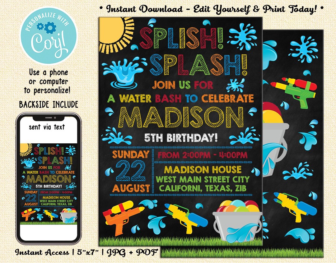 Water Bash Invitation Splish Splash Invitation Water Slide - Etsy