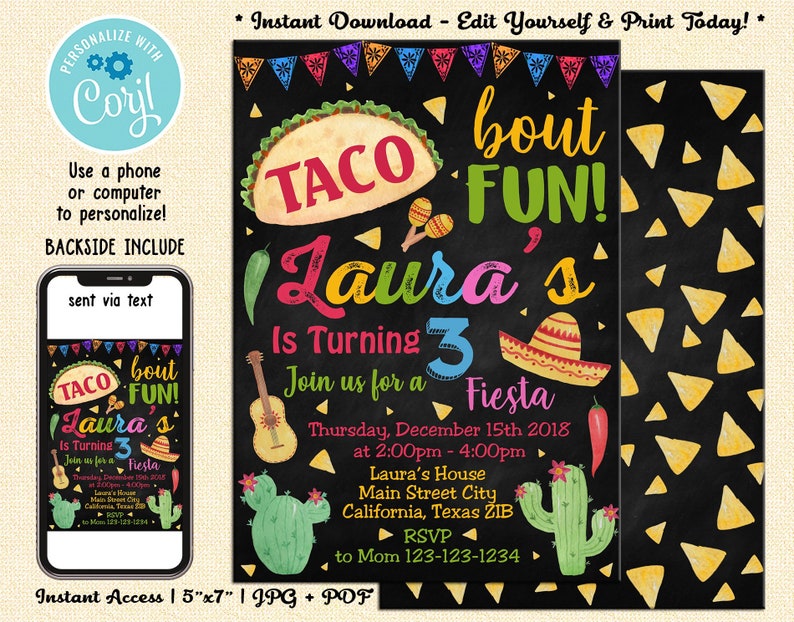 Editable Taco Birthday Invitation Taco Invitation Fiesta - Etsy