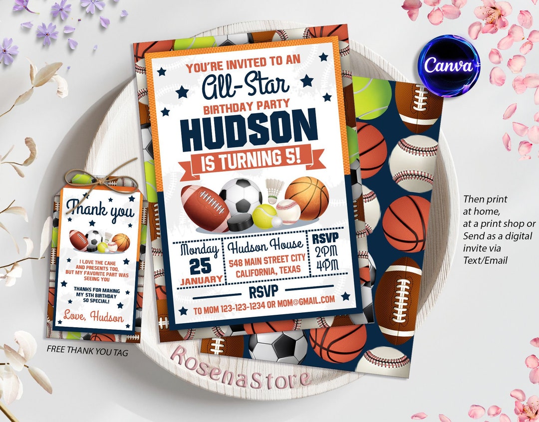 All Star Sports Birthday Invitation, Party Invitation, Sports Game ...