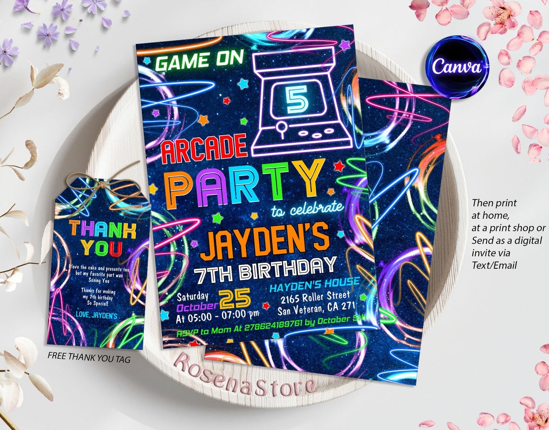 Arcade Invitation, Arcade Birthday Party Invitation, Neon Glow, Video ...