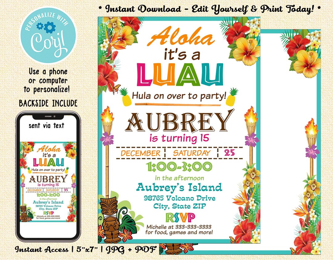 Editable Luau Invitation Luau Birthday Invitations Luau - Etsy