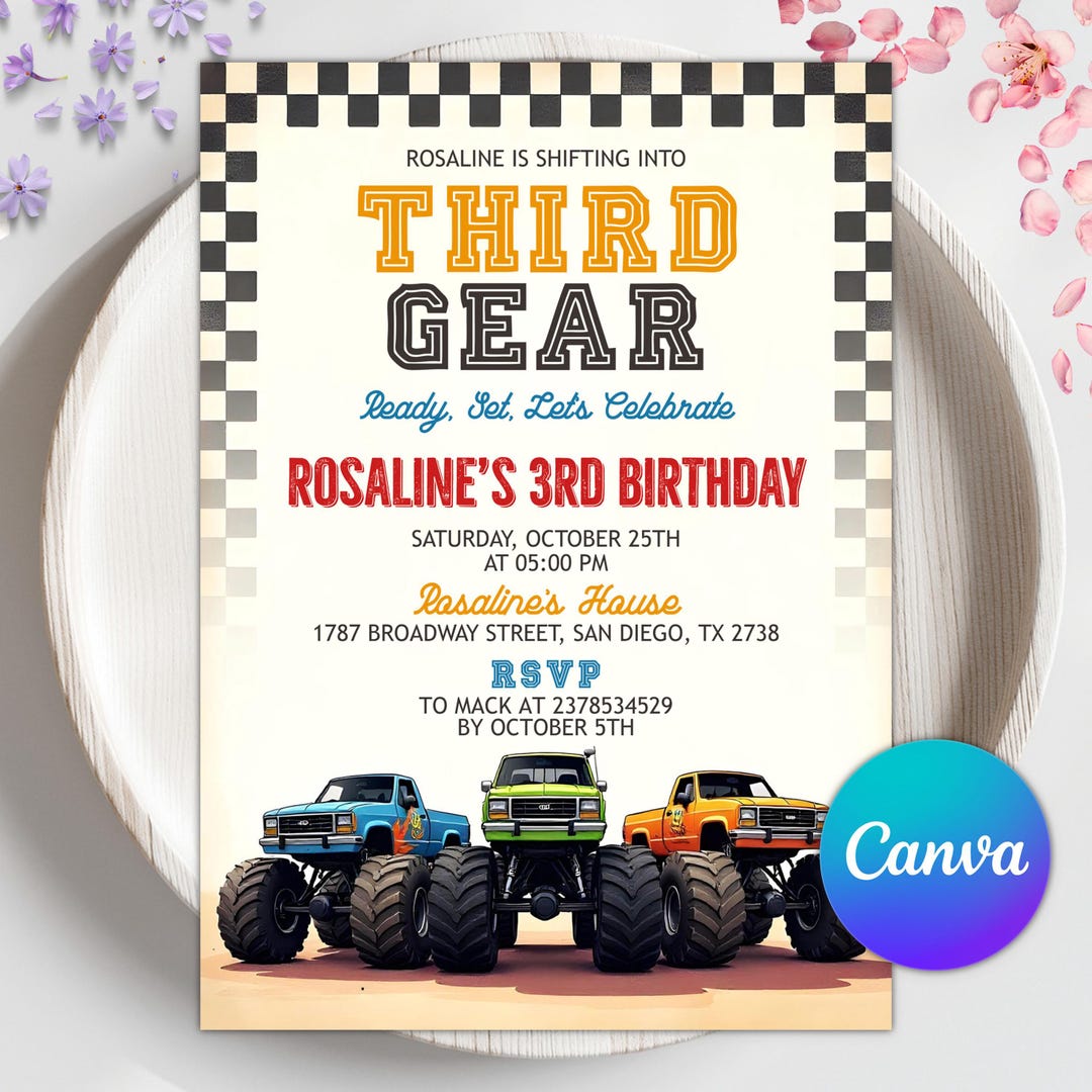 Monster Truck Birthday Invitation, Third Gear Truck Jam Invite, Any Age ...