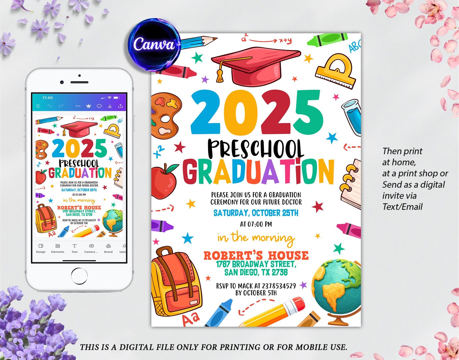Editable Preschool Graduation Invitation: Class of 2025 Canva Template ...