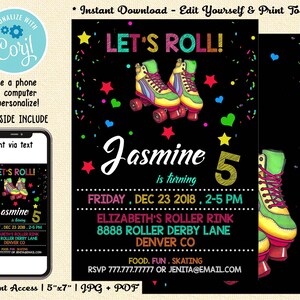 Editable Roller Skate Invitation, Roller Skate Birthday Party ...