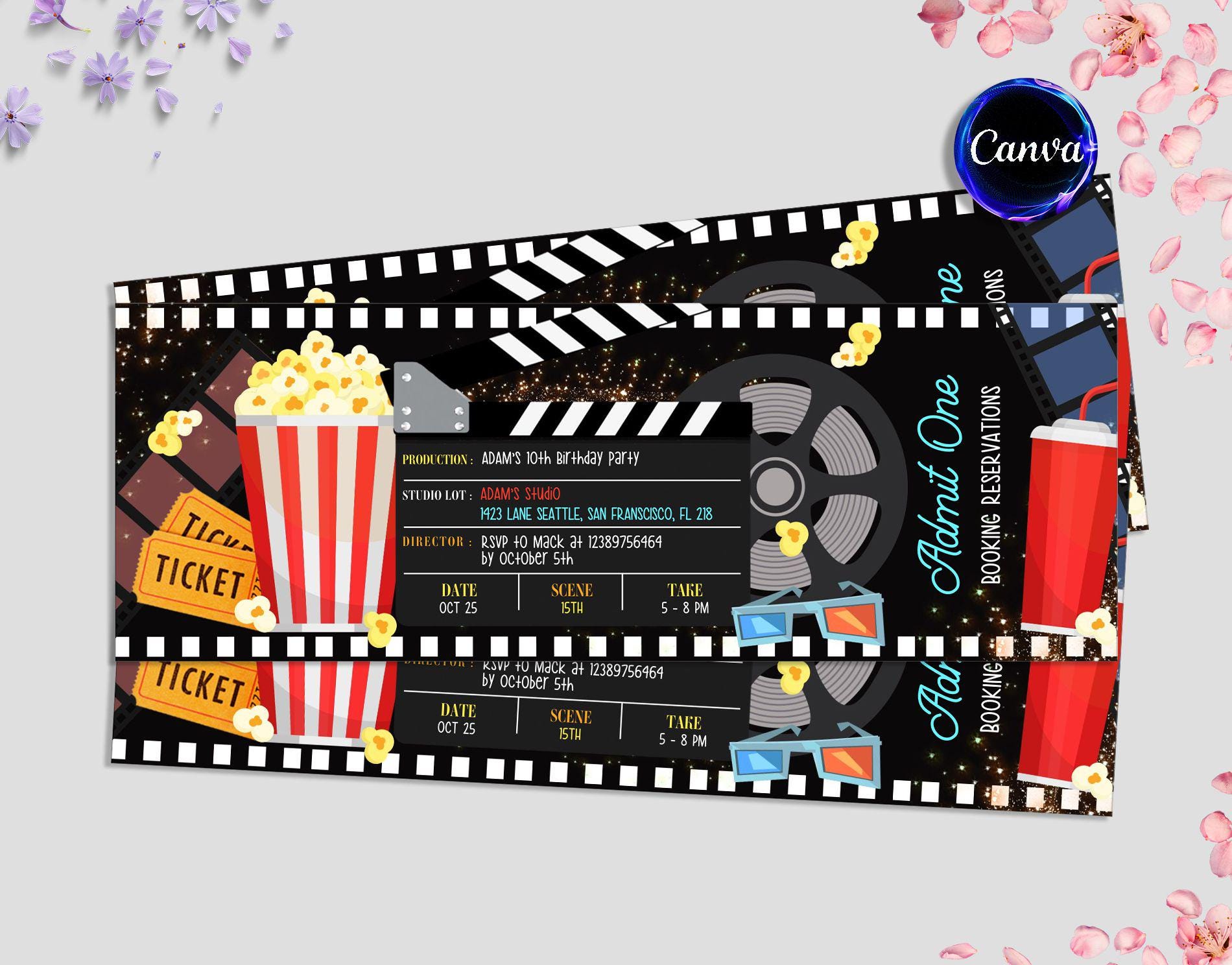 Movie Night Ticket Invitation, Movie Birthday Party Invitation, Movie ...