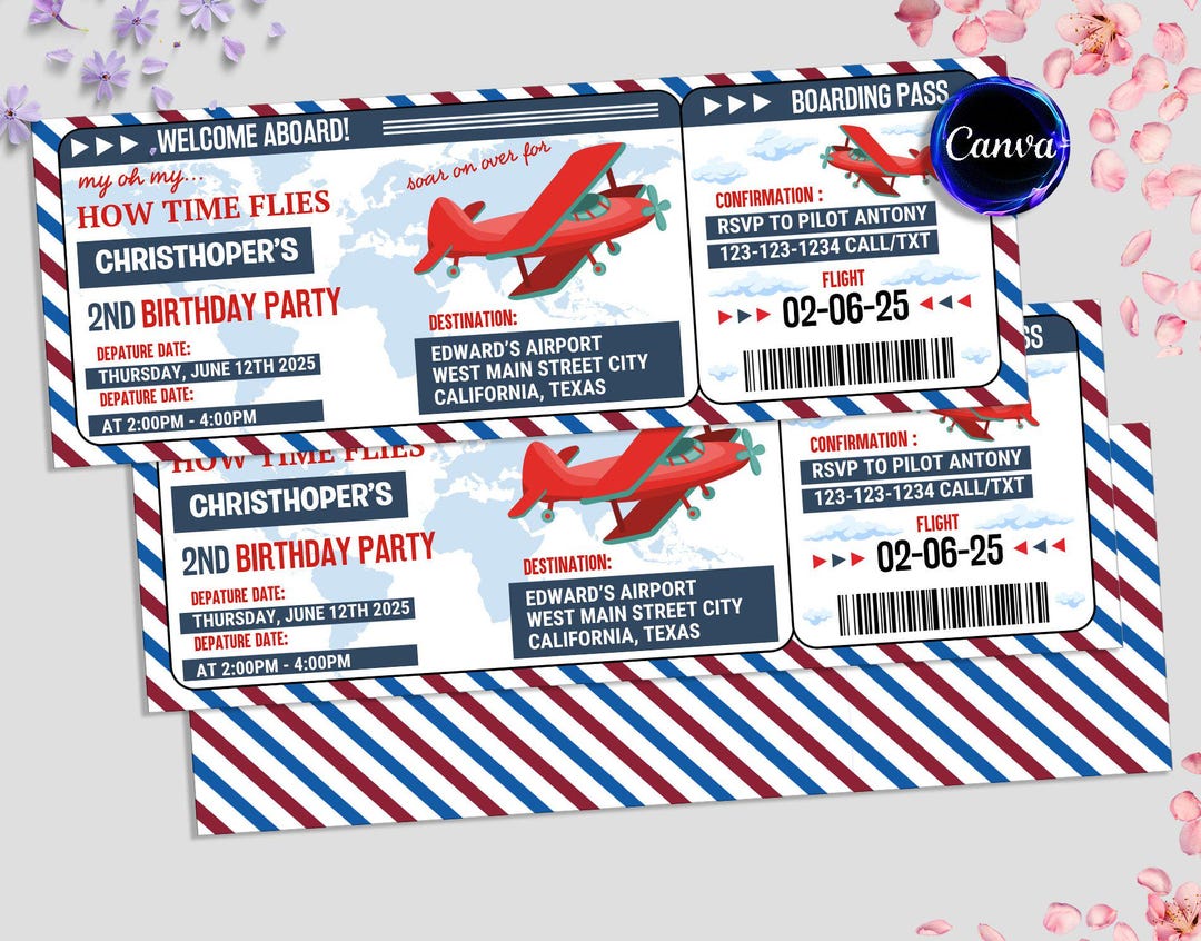 Airplane Boarding Pass Birthday Invitation, Time Flies First Birthday ...