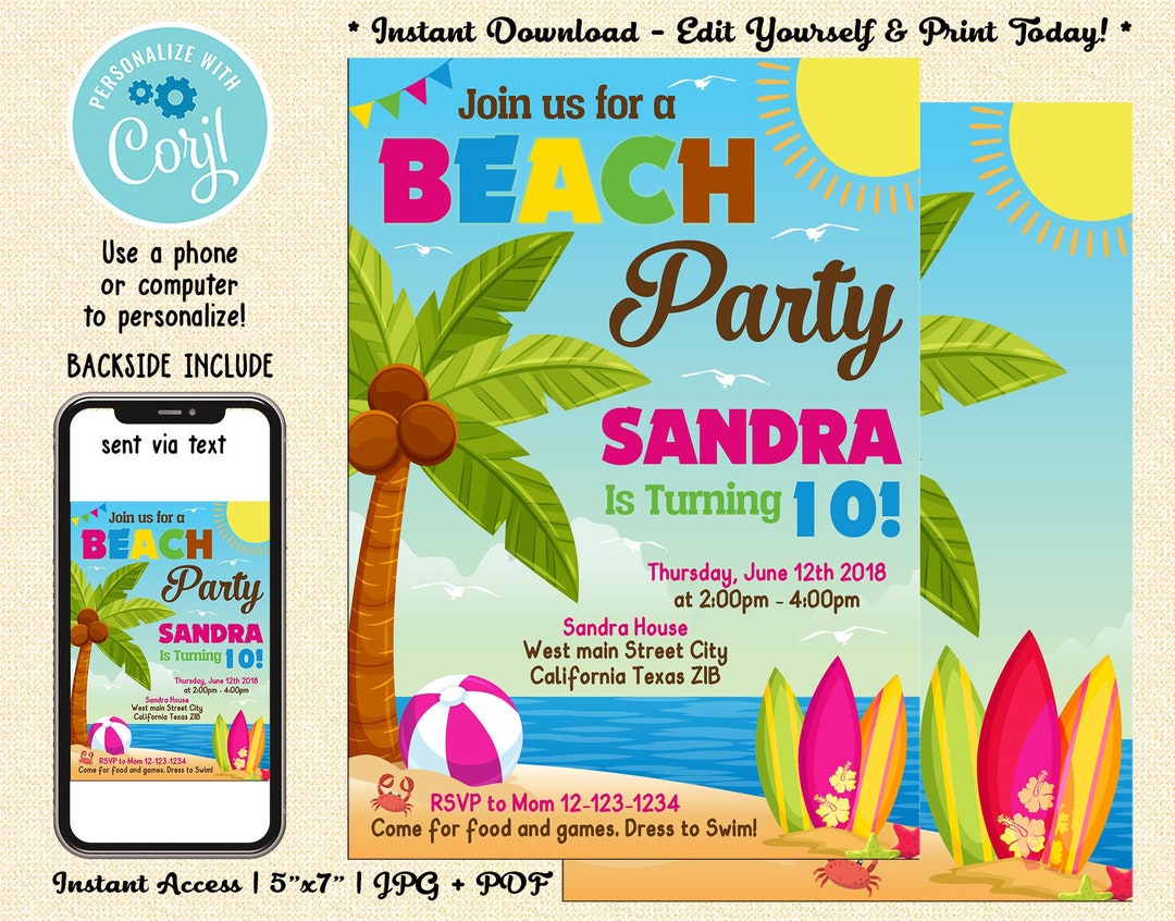 Beach Party Invitations Beach Theme Party Pink Beach - Etsy