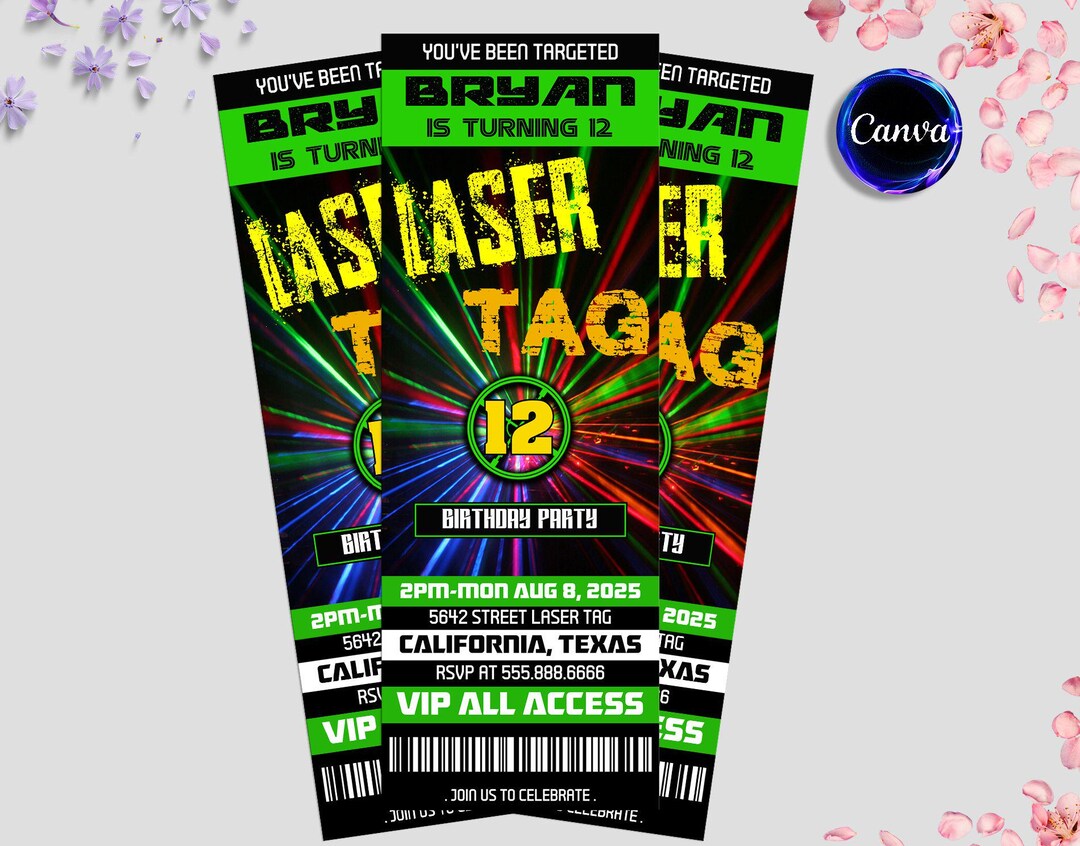 Laser Tag Ticket Invitation, Laser Tag Birthday Party, Neon Glow Birthday Party Invite, Digital ...