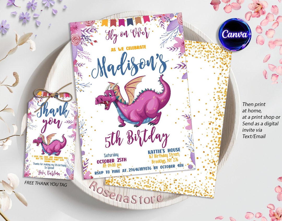 Purple Dragon Invitation, Girl Dragon Birthday Party Invitation, Dragon ...