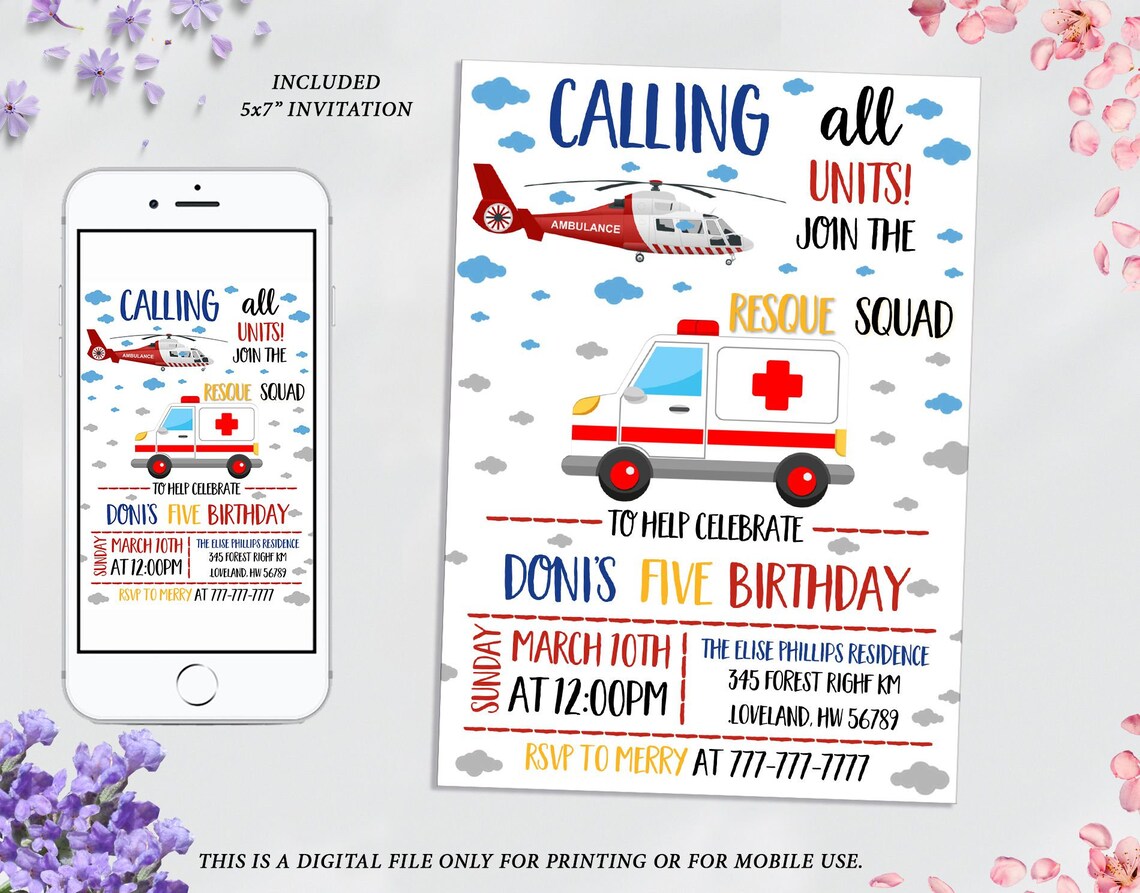 Emergency Vehicles Birthday Invitation, First Responders Theme, Calling ...