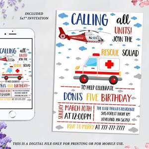 Emergency Vehicles Birthday Invitation, First Responders Theme, Calling ...