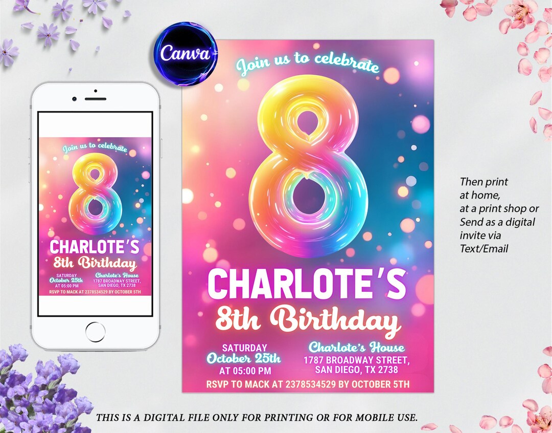 Pink 8th Birthday Invitation, Girl Birthday Party Invite, Rainbow Foil ...
