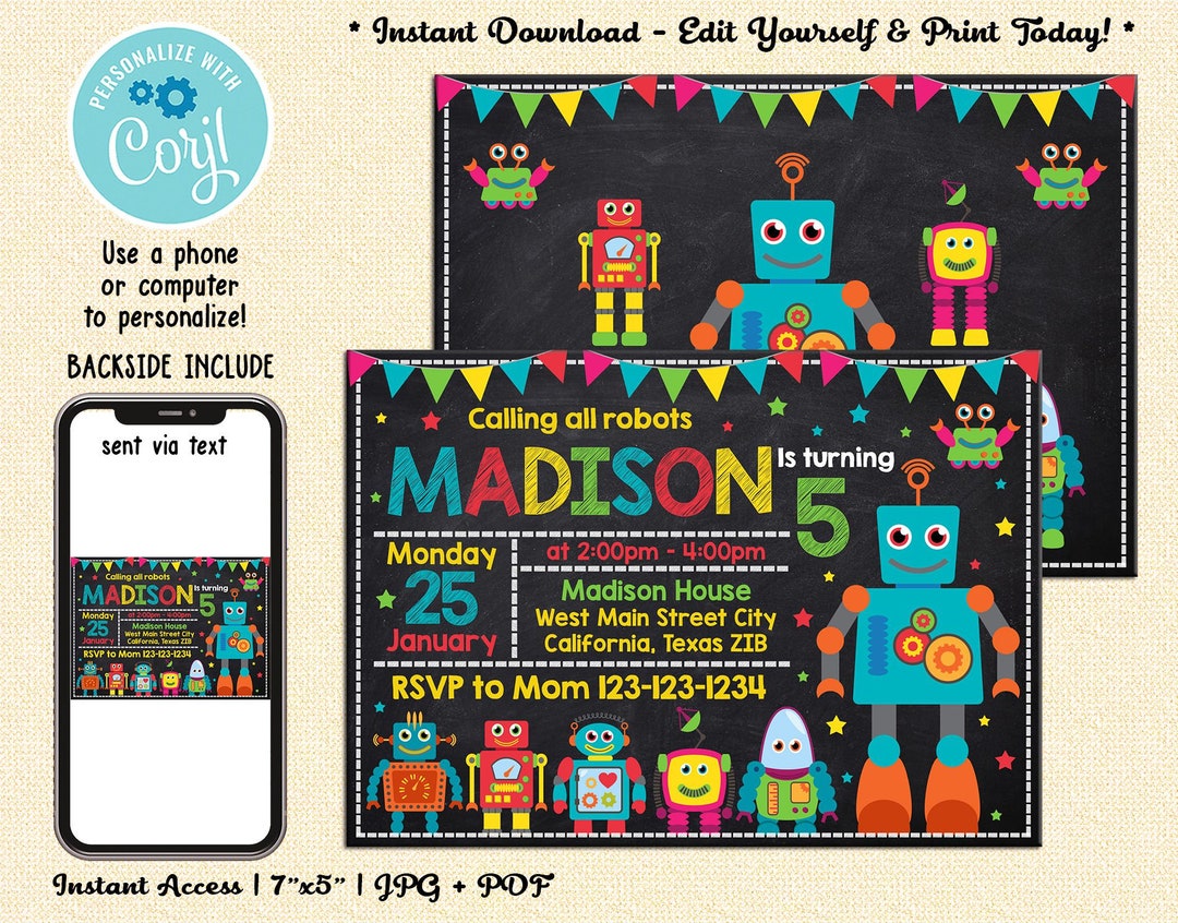 Editable Robot Invitation, Robot Birthday Invitation, Robot Birthday ...