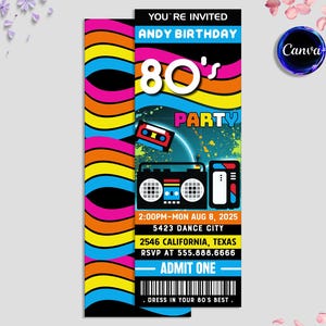 Editable 80s Ticket Invitation, Back to the 80s, Throwback Party ...