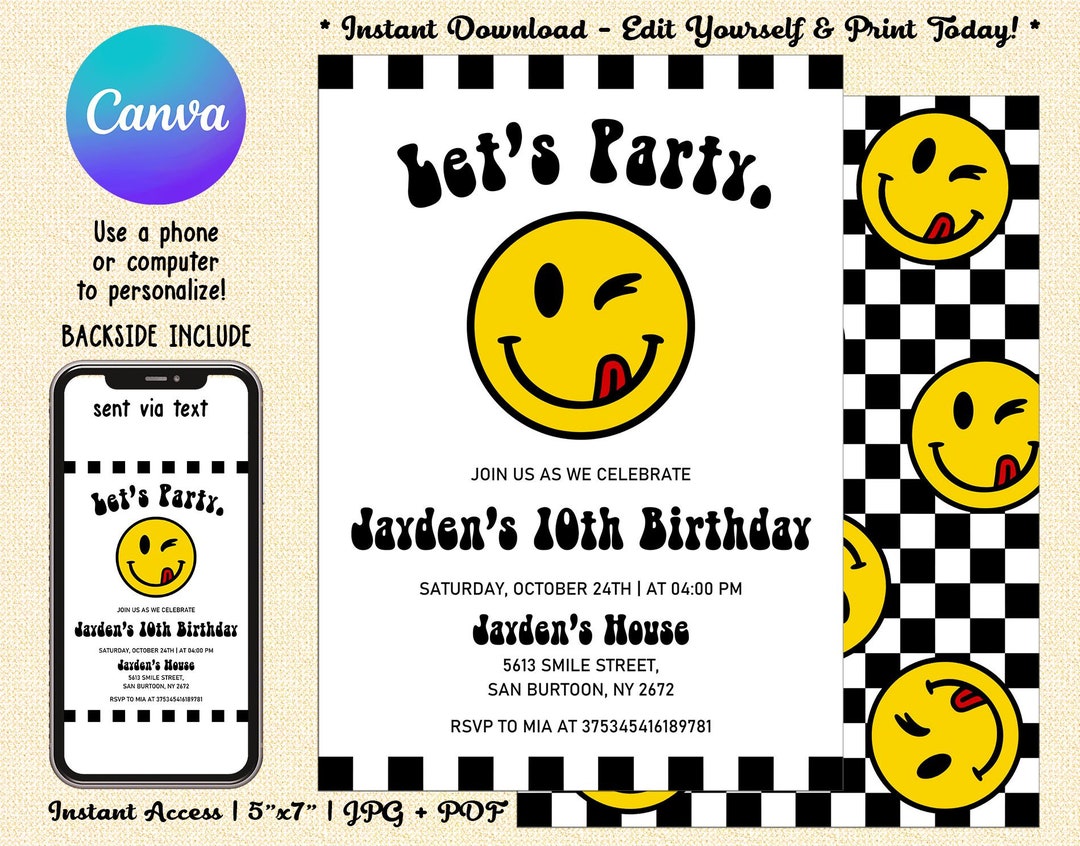 Editable Birthday Party Invitation Smile Face Party Birthday - Etsy