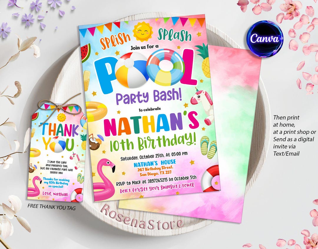 Editable Pool Invitation, Pool Birthday Party Invitation, Tropical ...